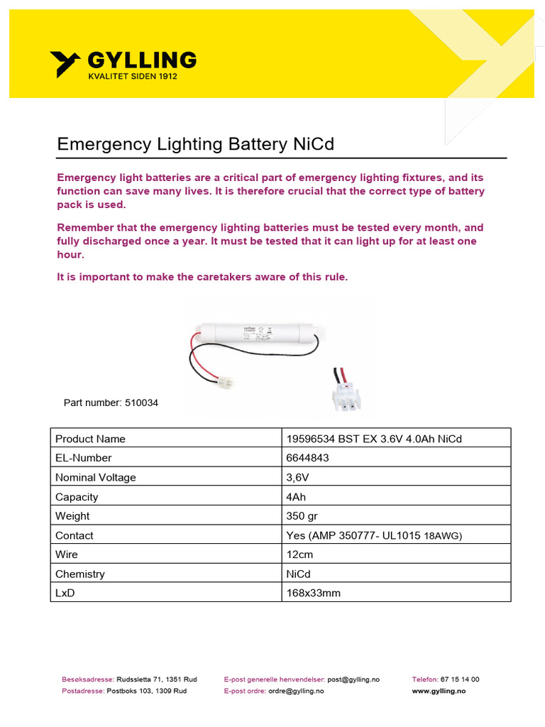 Emergency Lighting NiCd Battery Specs | PDF