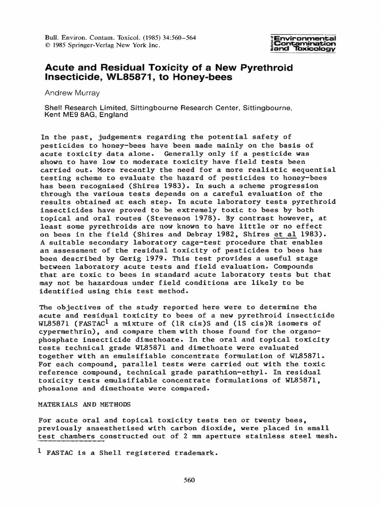 Acute and Residual Toxicity of A New Pyrethroid | PDF | Toxicity | Pesticide