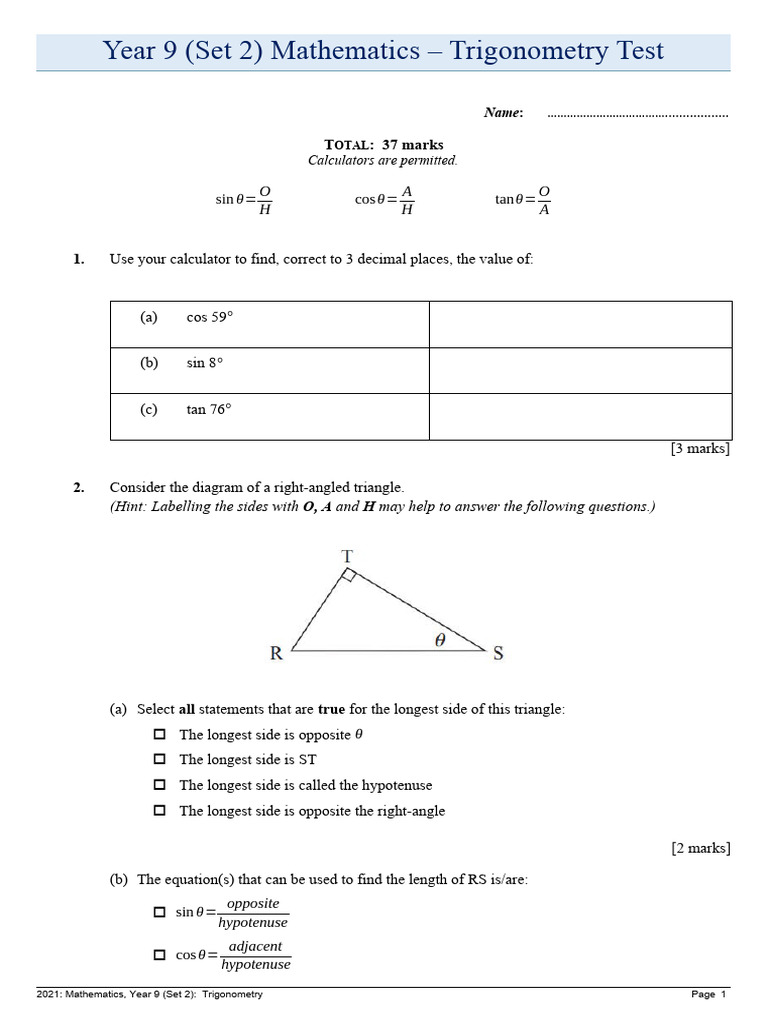 2021 Year 9 Set 2 Trigonometry Test (AM) | PDF | Triangle | Euclidean ...