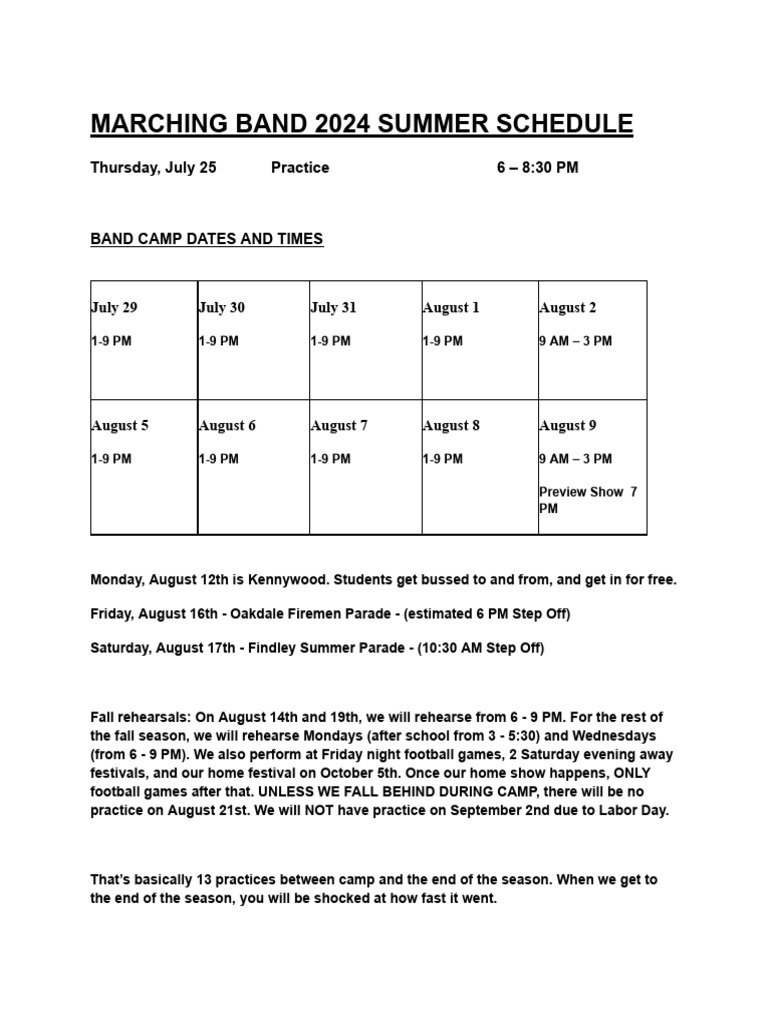 Marching Band 2024 Summer Schedule | PDF