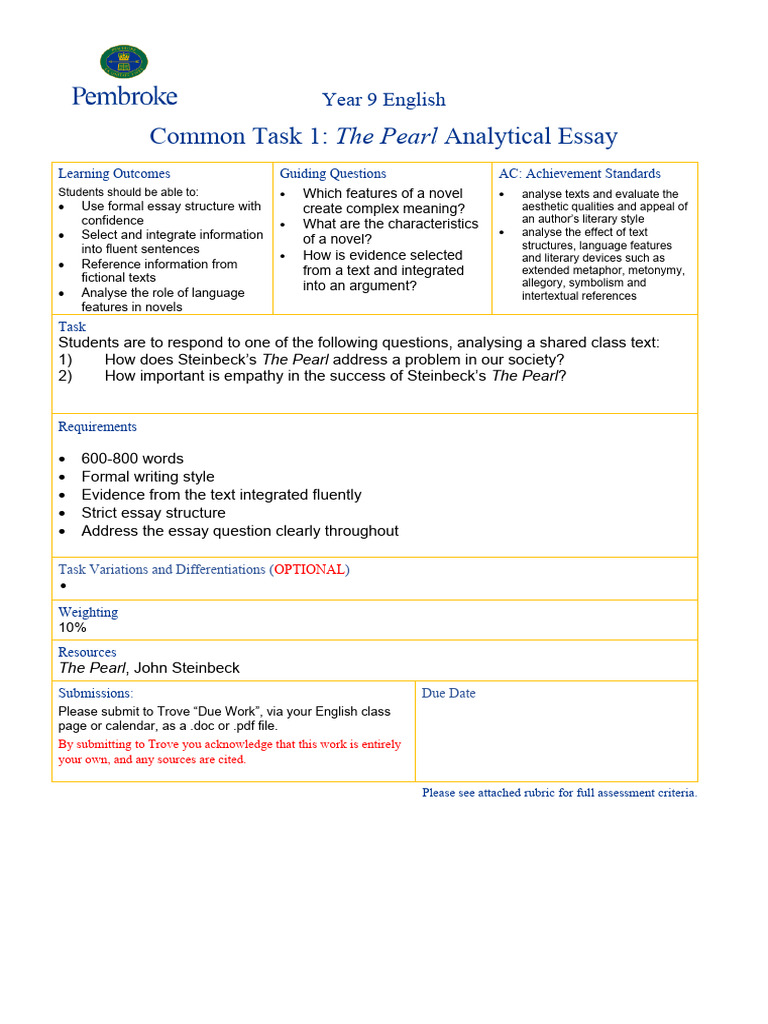 Year 9 Common Task 1 - The Pearl Analytical Essay | PDF | Essays ...