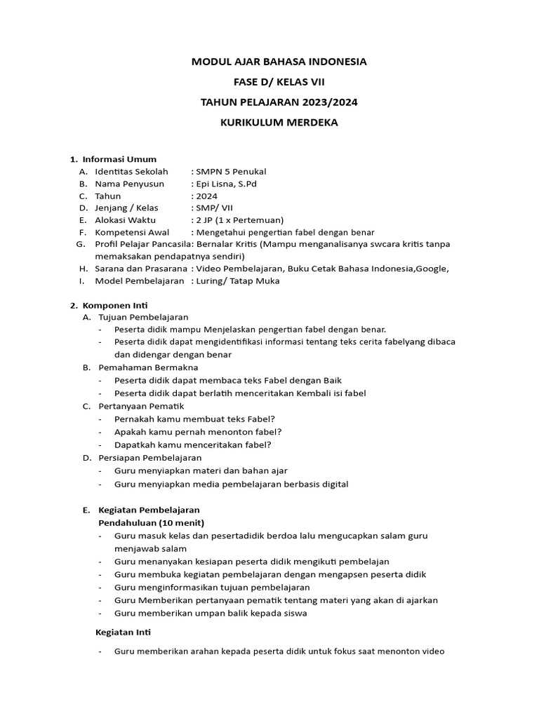 MODUL AJAR BAHASA INDONESIA Kls 7 PMM | PDF