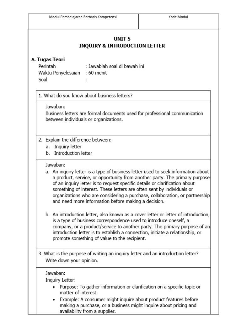 Unit 5 - Inquiry Introduction Letter | PDF | Communication | Information