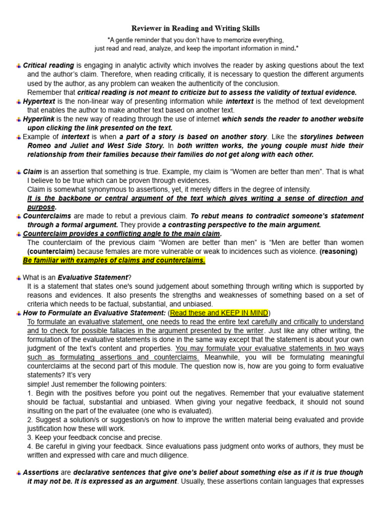 Reviewer in Reading and Writing Skills - 4th Quarter | PDF | Résumé | Argument