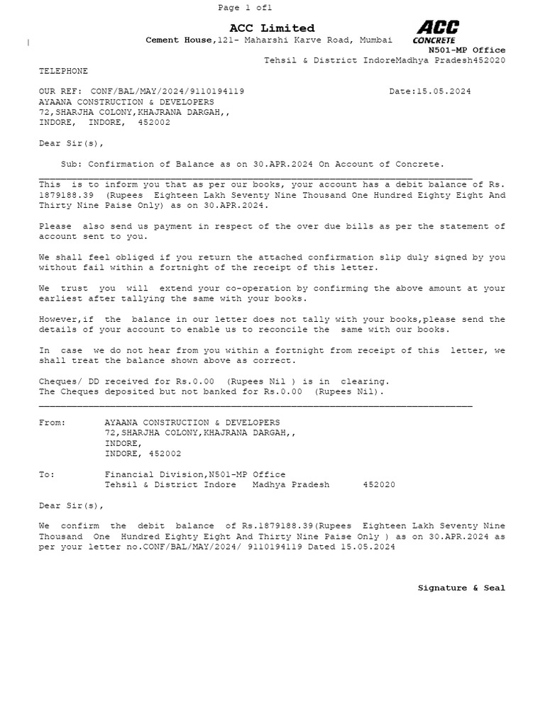 Balance Confirmation Letter for Concrete | PDF | Cheque | Debits And ...