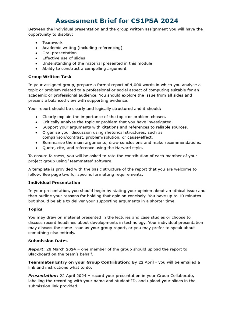 Assessment Brief For CS1PSA | PDF | Argument | Citation