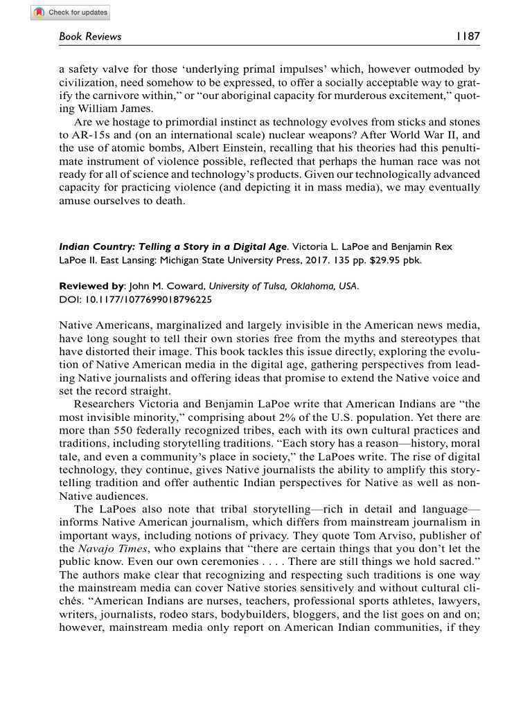 Coward 2018 Book Review Indian Country Telling A Story in A Digital Age ...