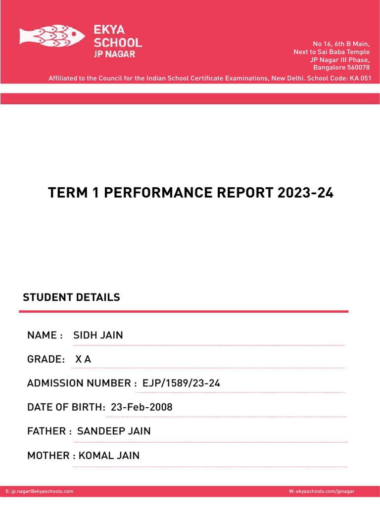 Sidh Jain Term 1 Performance Report 2023-24 | PDF