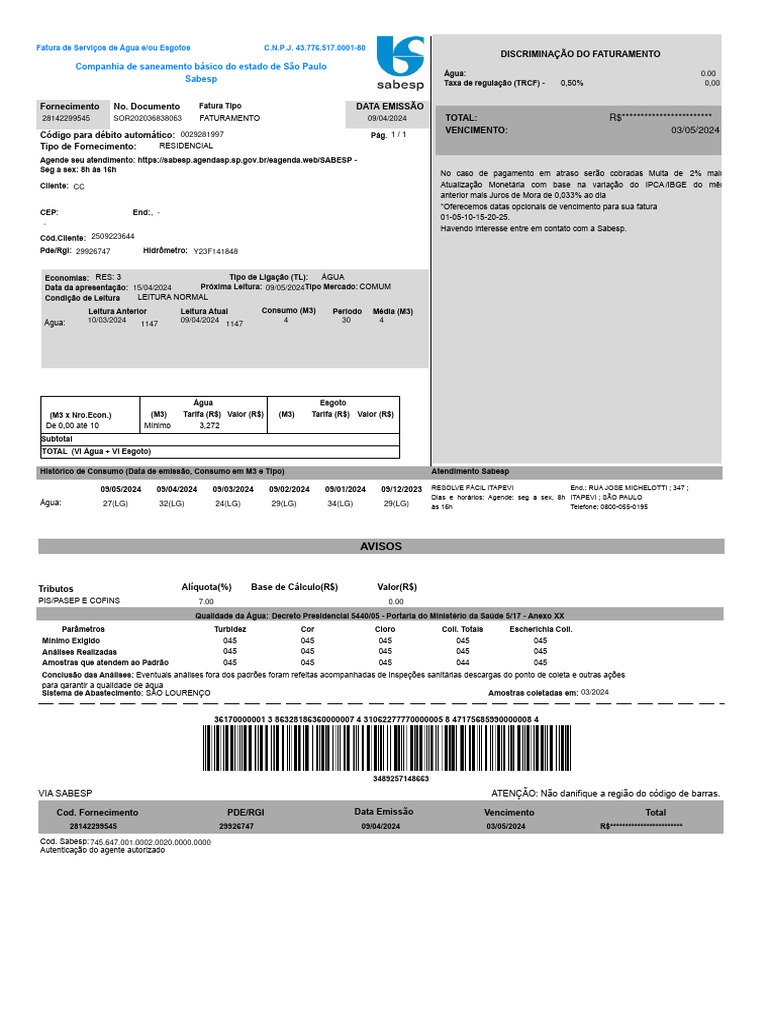 Fatura de Água Sabesp 2024 | PDF