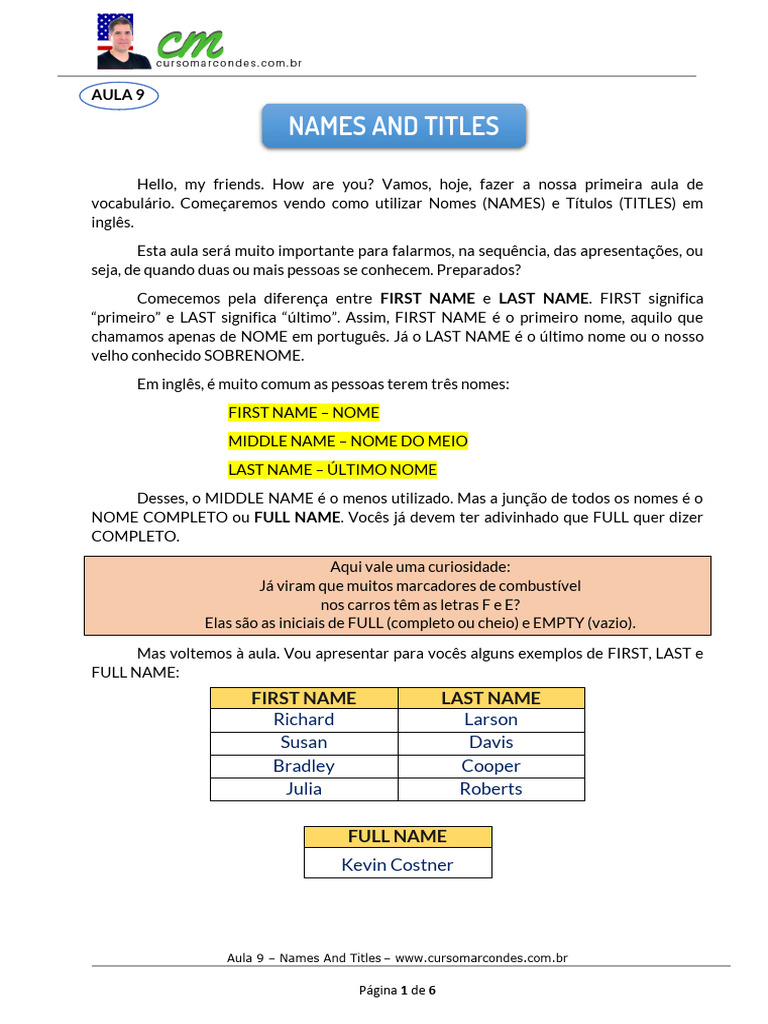 Aula 9 - Names and Titles CM | PDF | Sobrenome | Linguística