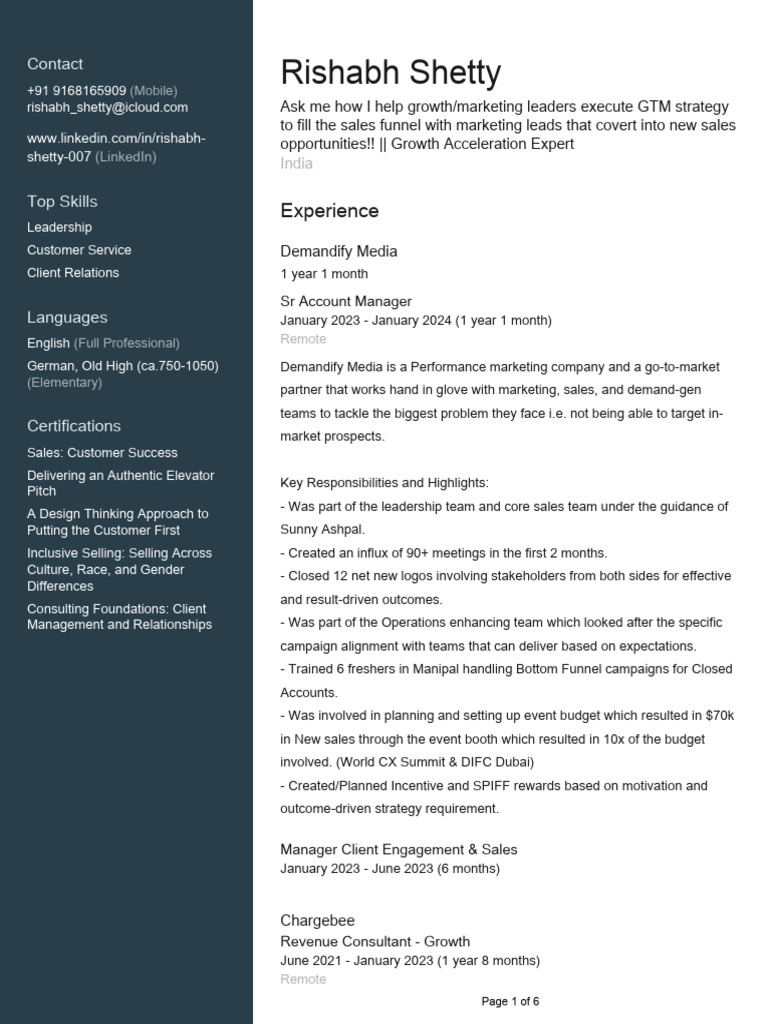 Rishabh Shetty CV | PDF | Sales | Marketing