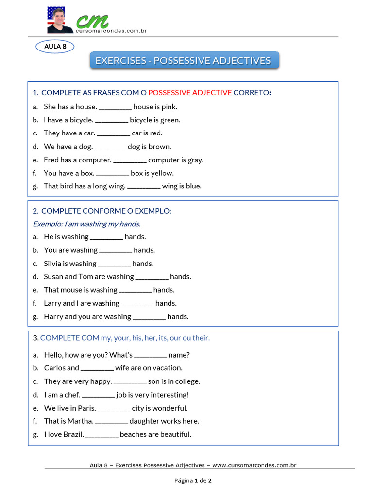 Aula 8 - Possessive Adjectives (Exercise) | PDF