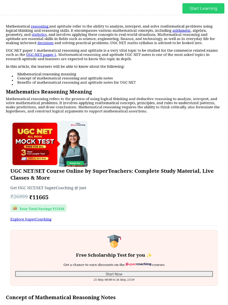 Mathematical Reasoning Notes With Examples for UGC NET Exams | PDF