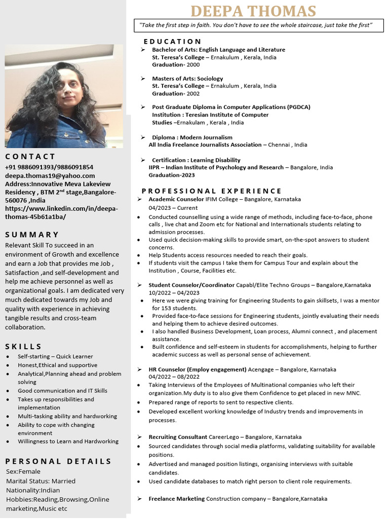 Deepa Thomas Resume | Download Free PDF | Mentorship