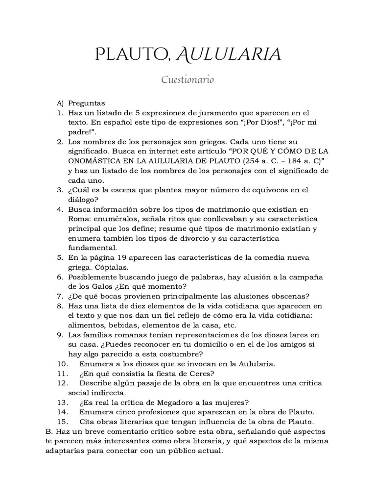 Plauto, Aulularia Cuestionario | PDF