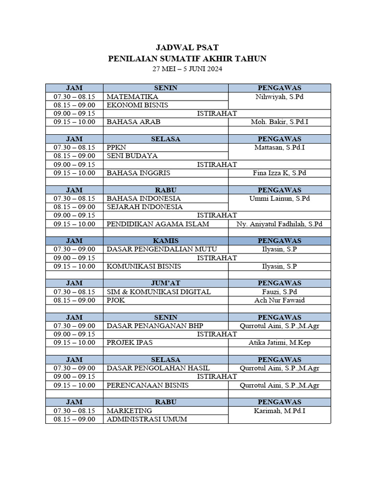 Jadwal Psat | PDF