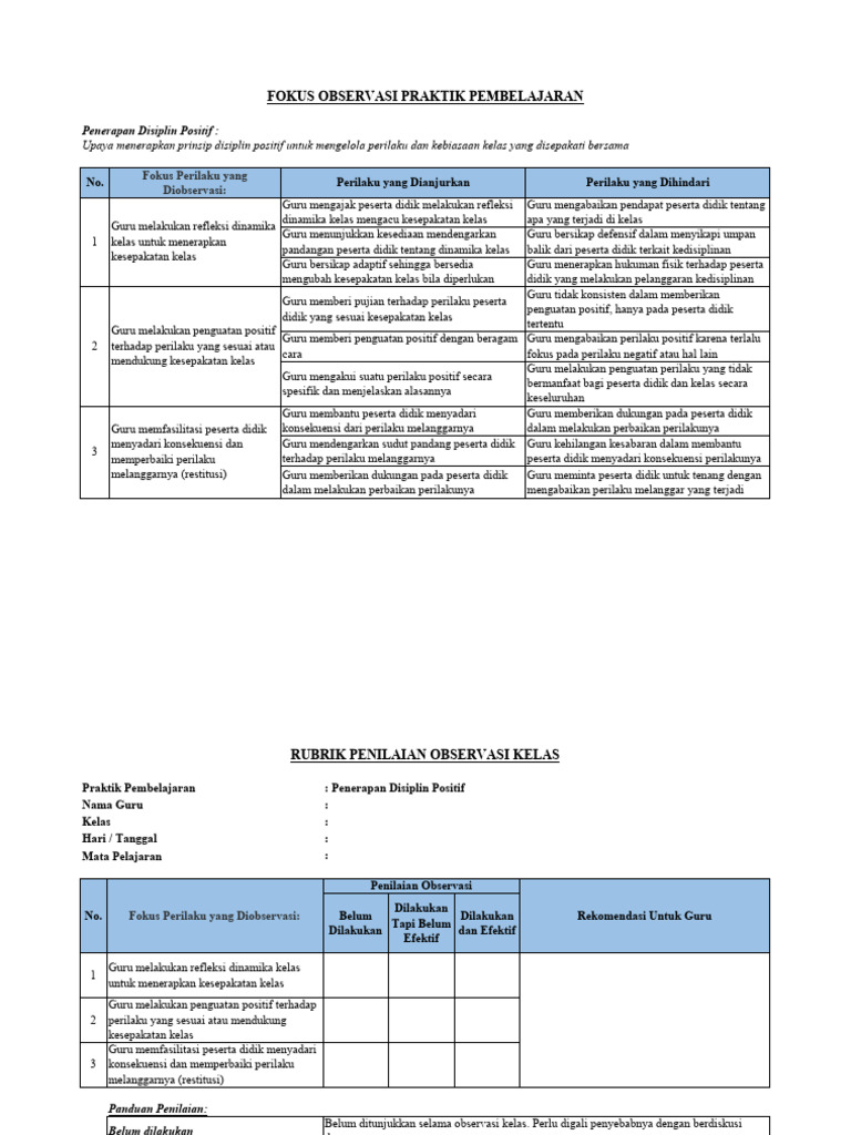 Rubrik Observasi Penerapan Disiplin Positif | PDF