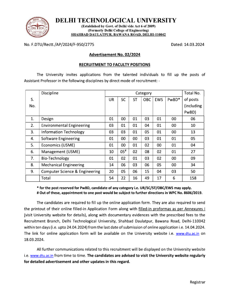 DTU Assistant Professor Recruitment 2024 Notification | PDF