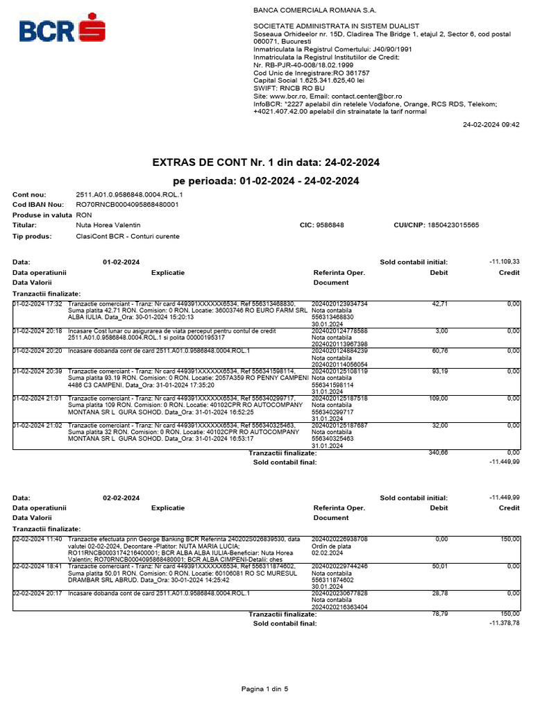 BCR Bank Statement: Feb 2024 Transactions | PDF