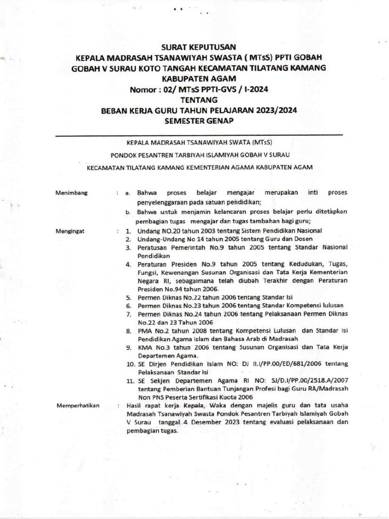 SK Pembagian Tugas Genap MTs-1 | PDF