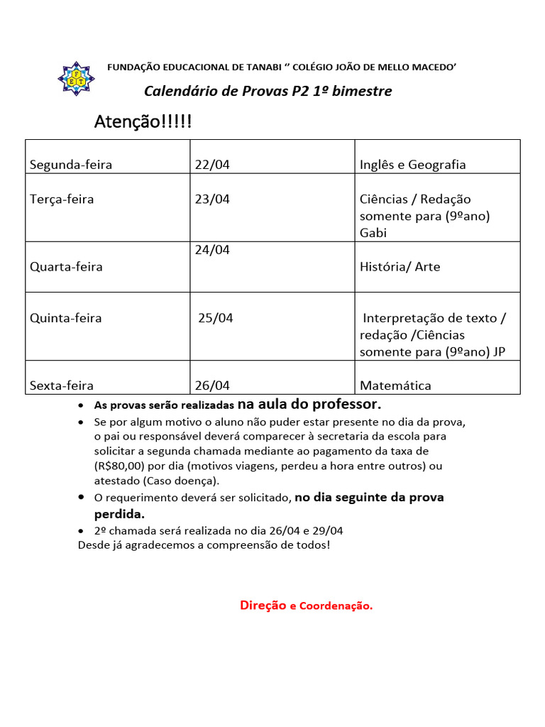 Calendário de Provas P2 Fundamental Ii 1º Bimestre 2024 | PDF