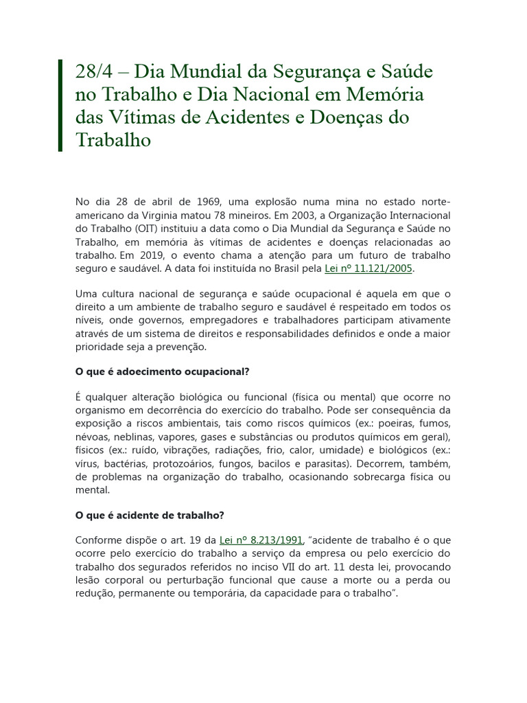 Dia Mundial Da Segurança E Saúde No Trabalho E Dia Nacional Em Memória