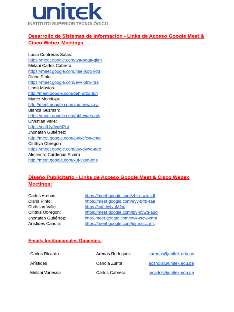 Directorio Docente GOOGLE MEET DSI-DP & Emails Institucionales | PDF