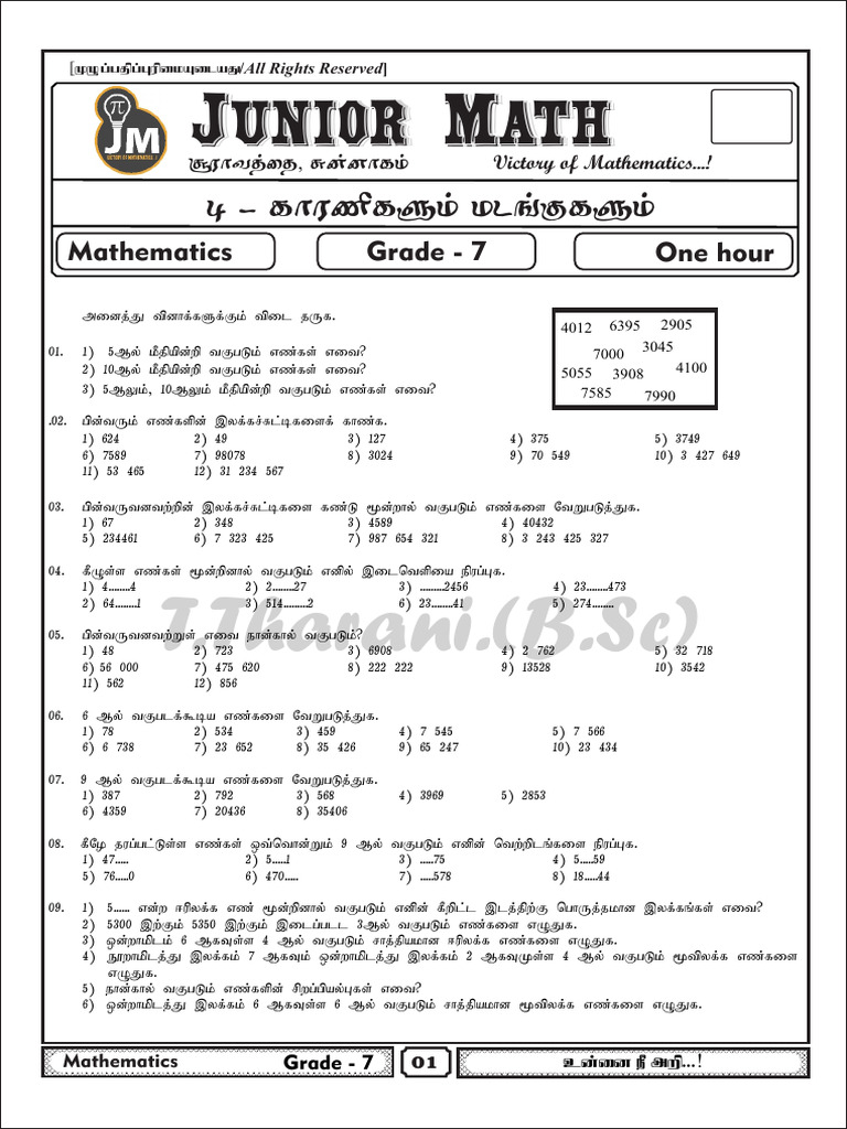 Grade 7 - Mathematics - Unit Exam 4 (TM) | PDF