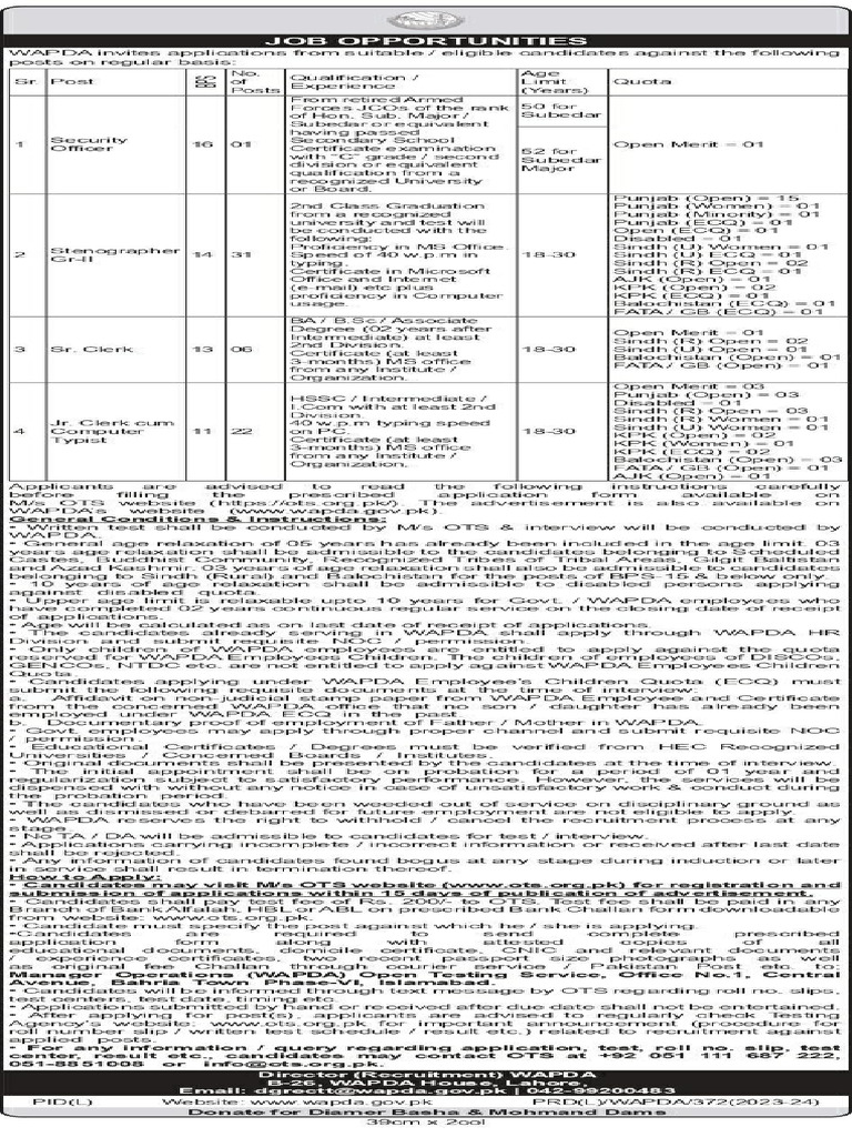 Wapda Jobs 2024 Ots 25-04-2024 Last Date | PDF