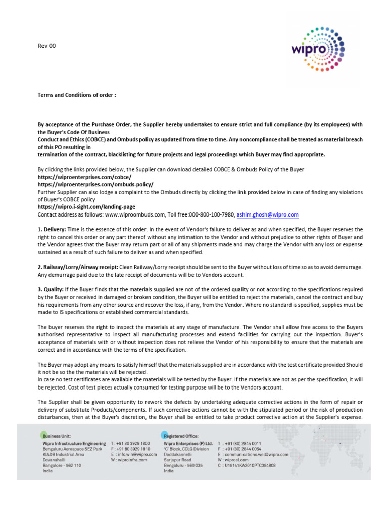 Wipro Purchase Order Terms & Conditions | PDF | Procurement | Value ...