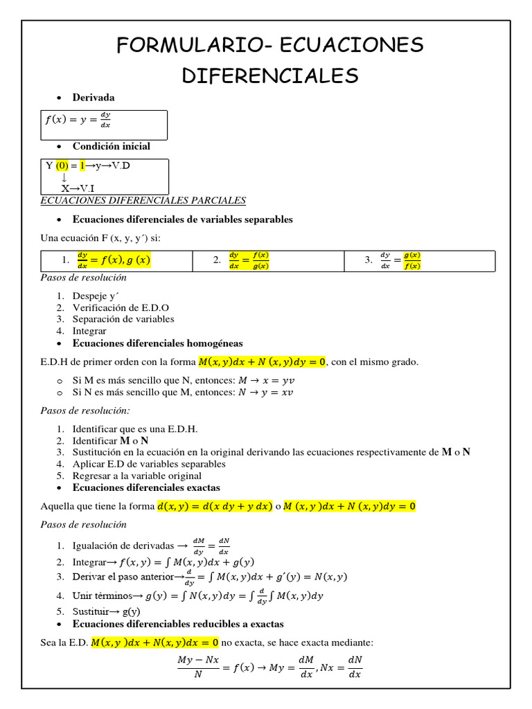 FORMULARIO- ECUACIONES-DIFERENCIALES | PDF | Ecuaciones | Integral