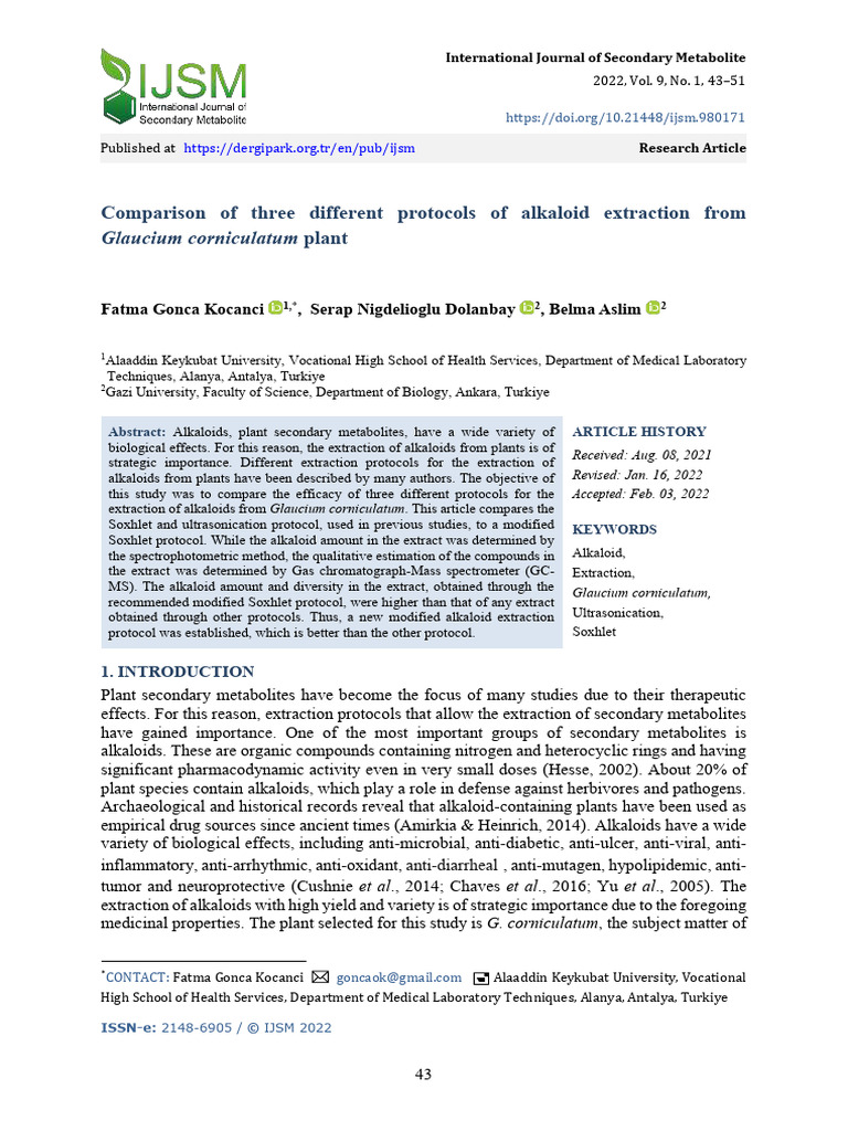 10 21448-Ijsm 980171-1914127 | PDF | Gas Chromatography–Mass Spectrometry | Alkaloid