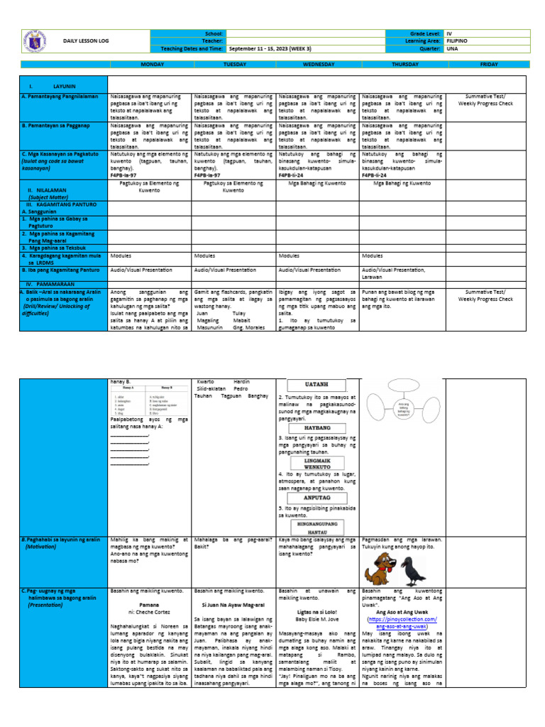 DLL - FIL4 - Q1 - W3 Elemento at Bahagi NG Kwento | PDF