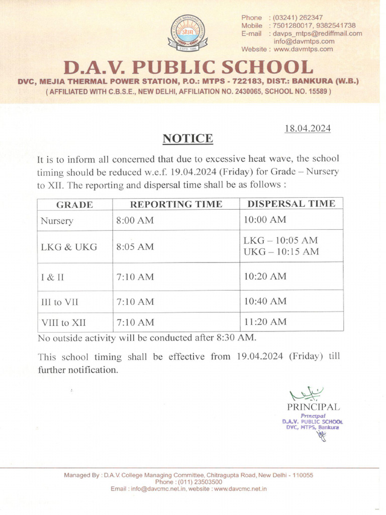 Notice - School Timing W.E.F. 19.04.2024 | PDF