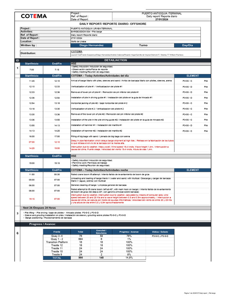 Daily Report - Pile Barge | PDF