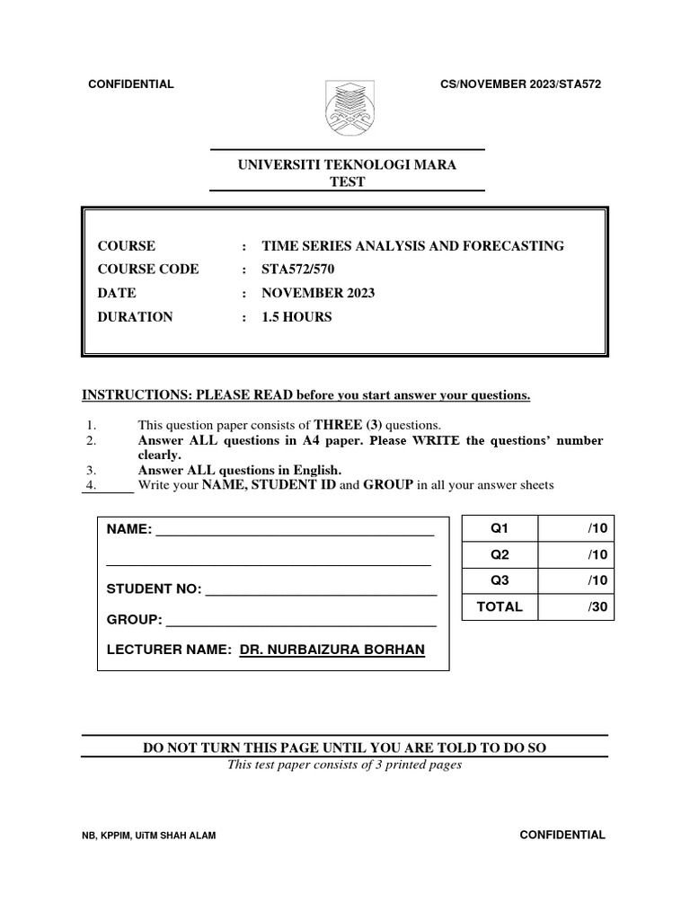 Past Test Sta572 | PDF | Forecasting | Applied Mathematics