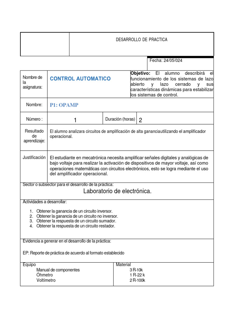 Práctica 1 OPAMP Control Automatico | PDF | Amplificador operacional | Red eléctrica