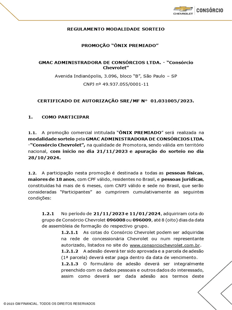 Regulamento Grupo Onix Premiado | PDF | Consórcio