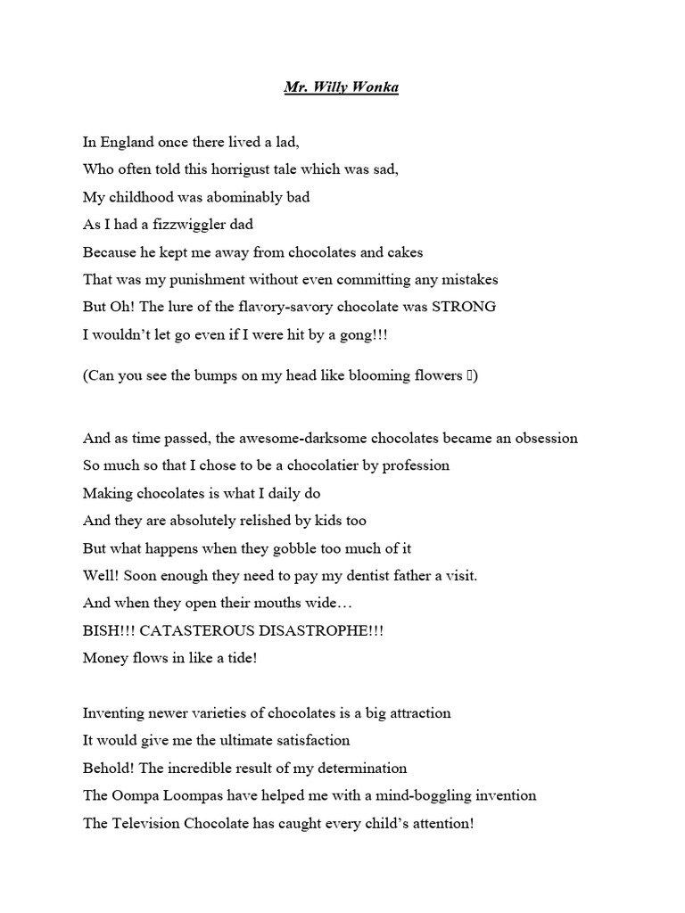 Inter-school (Poem on Willy Wonka) | PDF