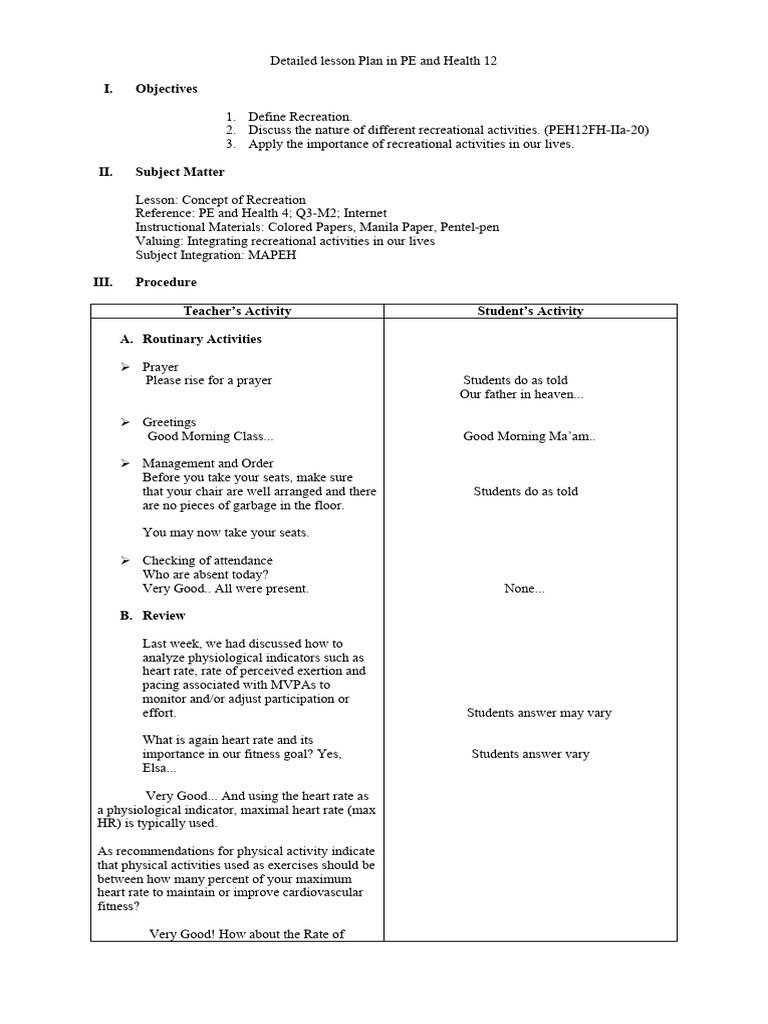 Detailed PE and Health Lesson Plan 12 | PDF | Recreation | Physical ...