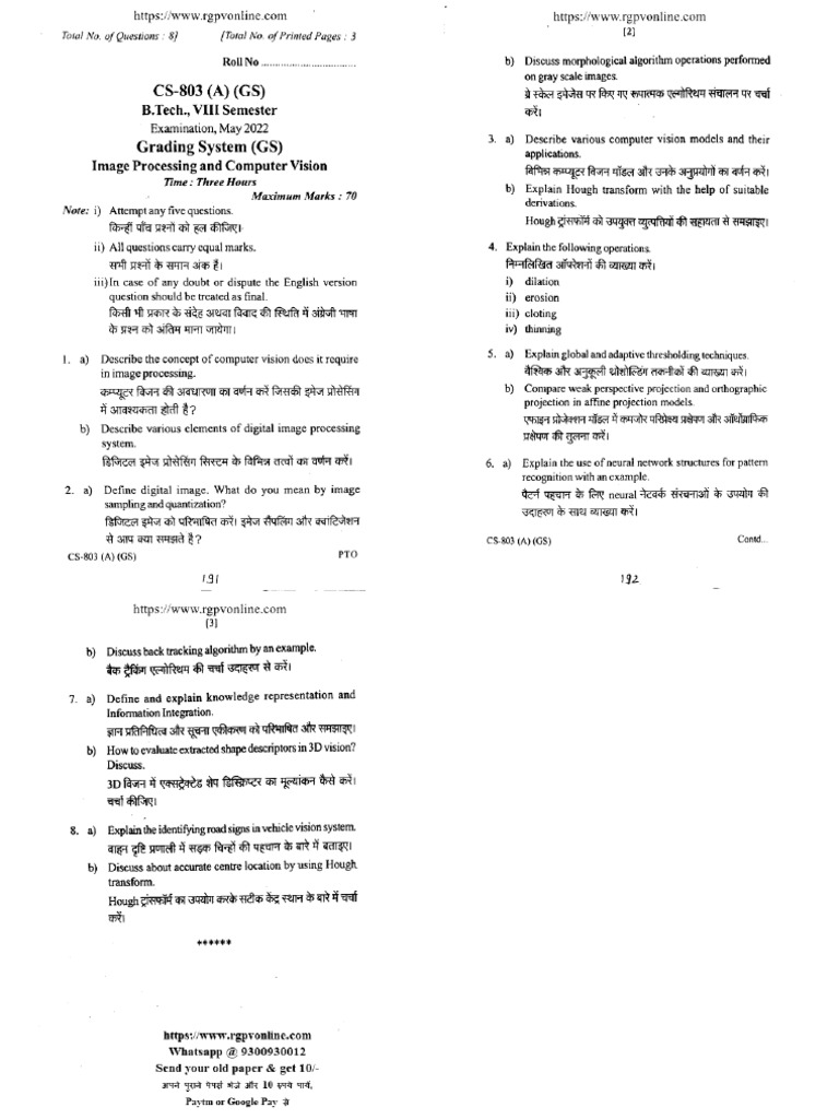 Cs 803 a Image Processing and Computer Vision May 2022 (1) | PDF