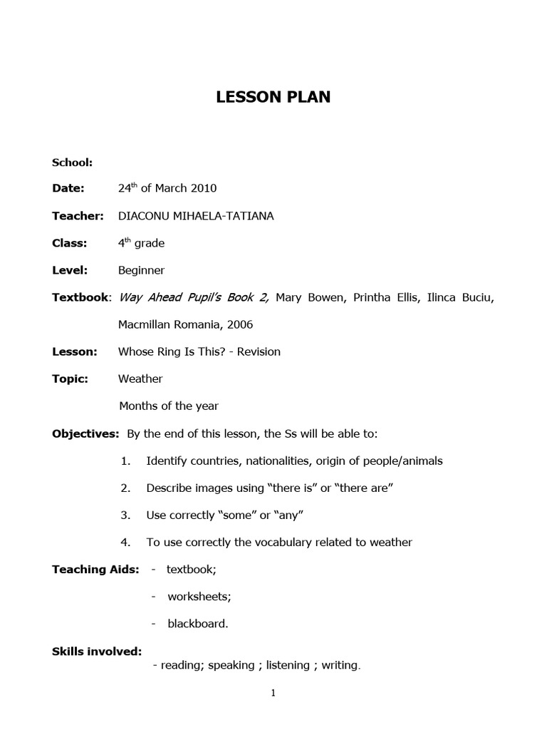 Plan de Lectie Cls A 4-A | Download Free PDF | Teachers | Learning