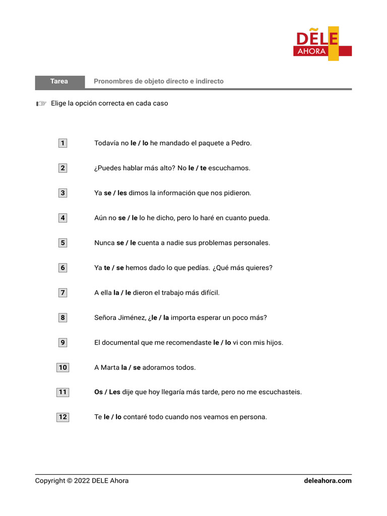 Pronombres de Objeto Directo e Indirecto | PDF