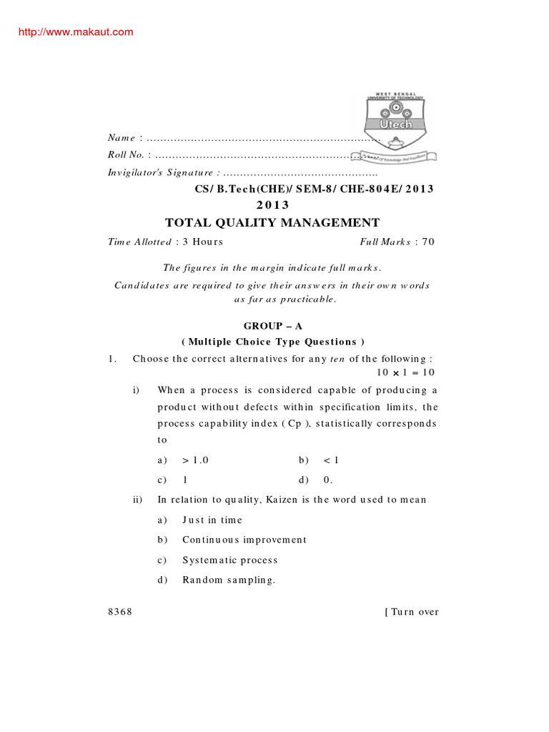 Total Quality Management Exam Paper | PDF | Evaluation Methods