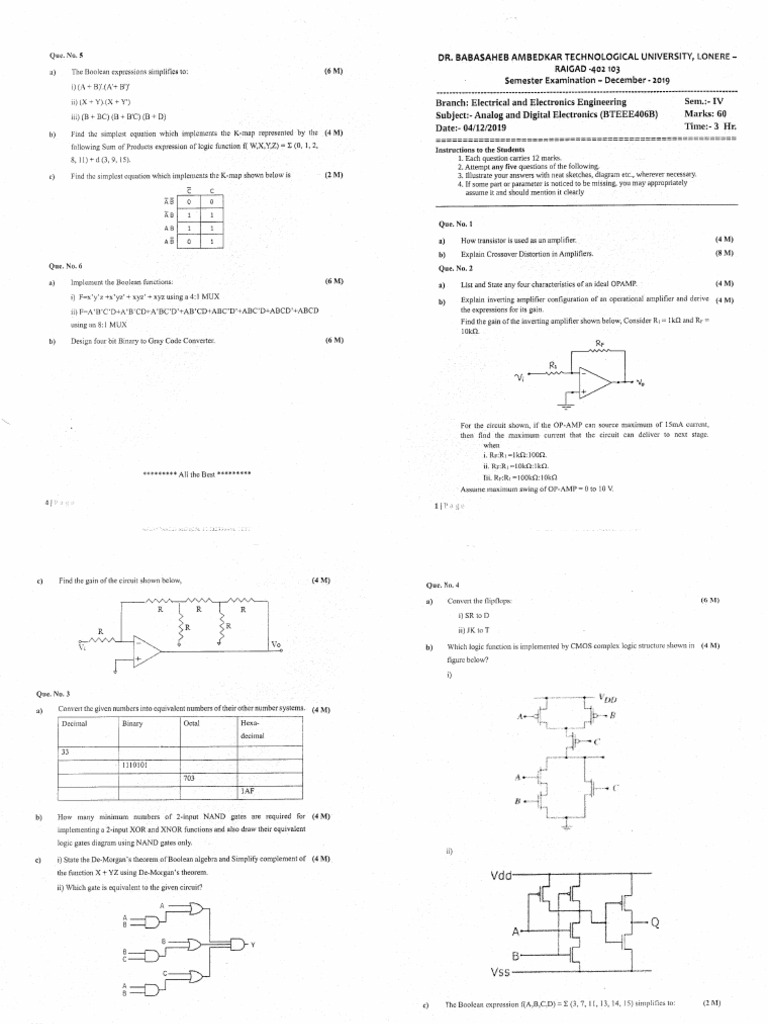 Btech Eee 4 Sem Analog and Digital Electronics Bteee406b Dec 2019 | PDF