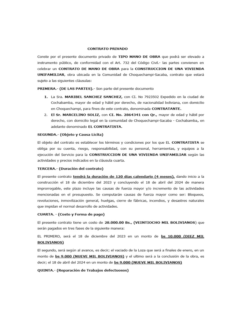 Contrato Privado de Contruccion Bernardino Sejas 2 | PDF | Tecnología