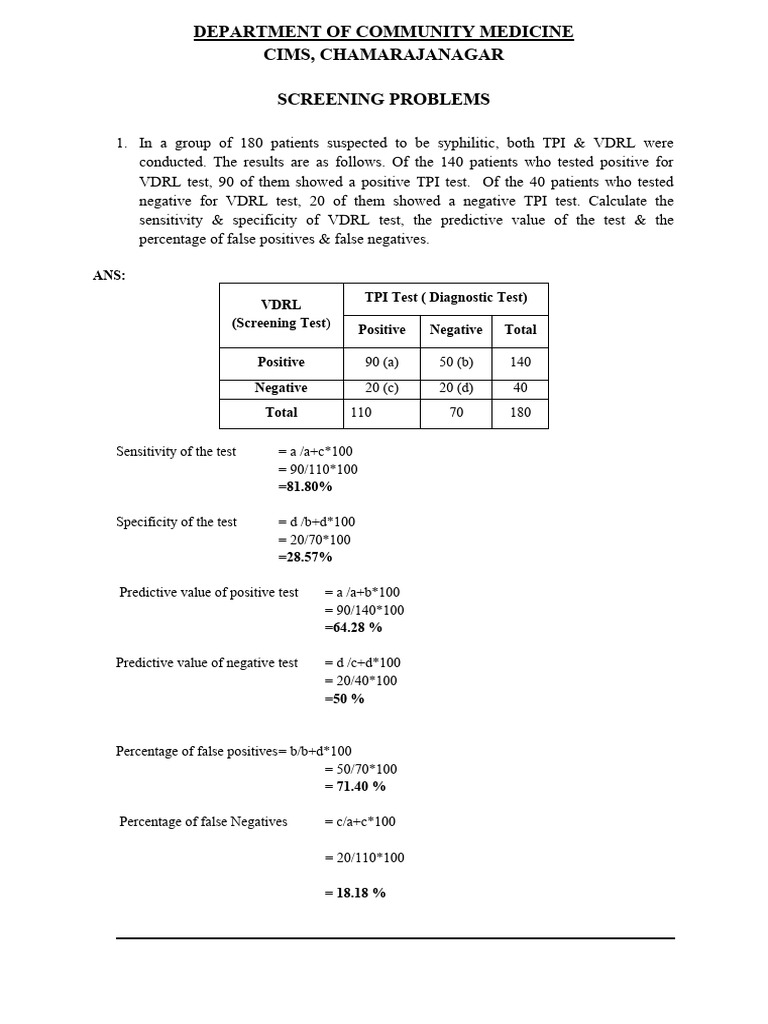 VDRL Test Sensitivity and Specificity Analysis | PDF | Sensitivity And ...