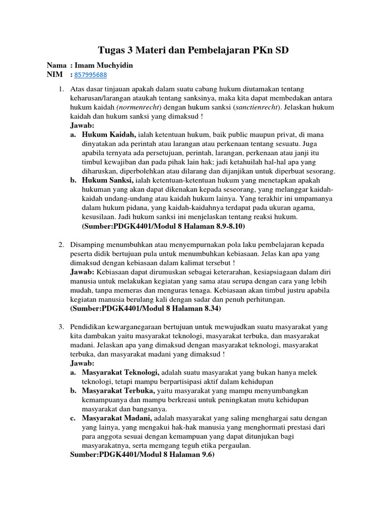 Tugas 3 Materi Dan Pembelajaran PKN SD | PDF