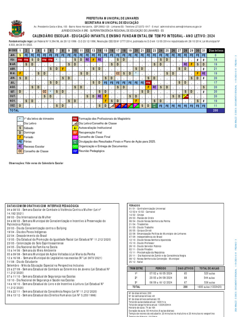 CALENDARIO ESCOLAR - EI - EF TEMPO INTEGRAL - 2024 - Corrigido SRE | PDF