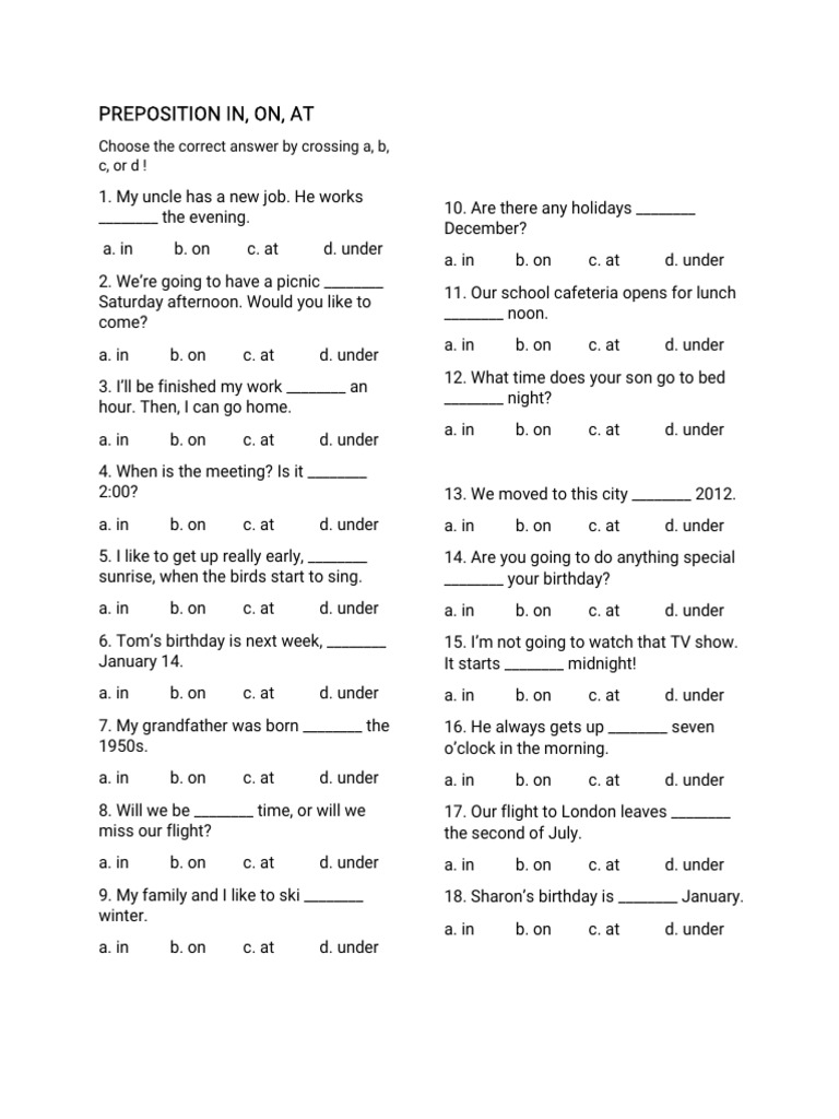 Latihan Soal Preposition In, On, at | PDF